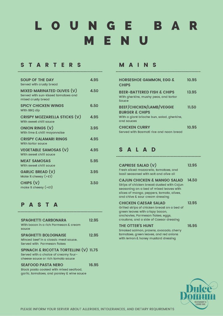 Lounge Bar Menu – Dulce Domum
